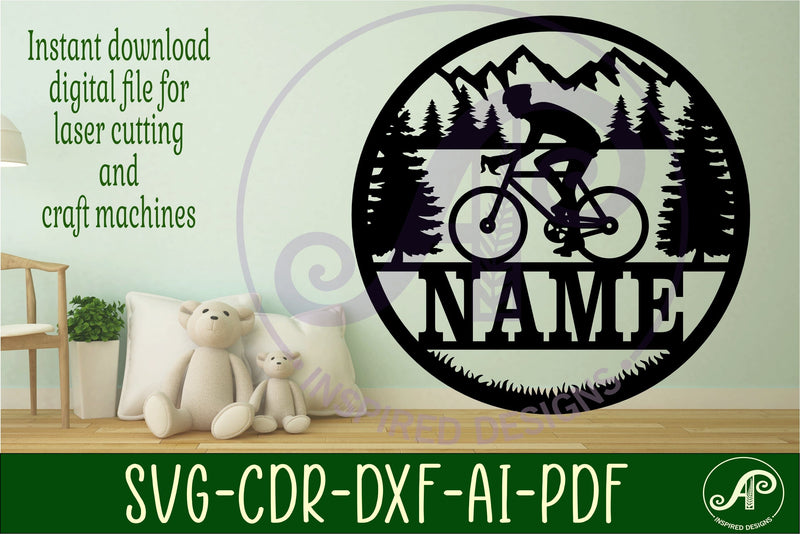 Cyclist male Name sign svg laser cut template - So Fontsy