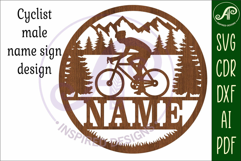Cyclist male Name sign svg laser cut template - So Fontsy