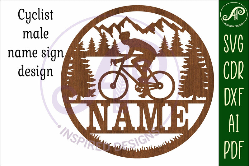Cyclist male Name sign svg laser cut template - So Fontsy