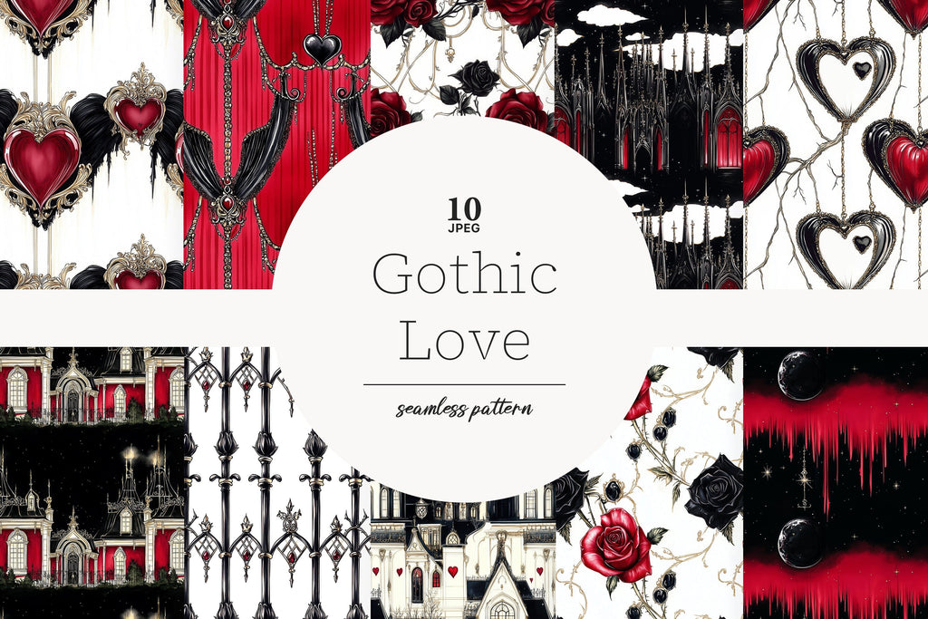 Dark Romance Digital Paper | Gothic Love Patterns with Heart - So Fontsy