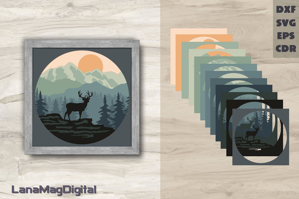 Deer in mountains svg Layered mountain landscape svg Deer svg - So Fontsy