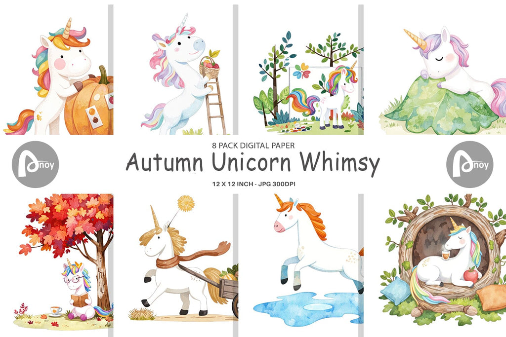 Digital Paper Autumn Unicorn Whimsy - So Fontsy