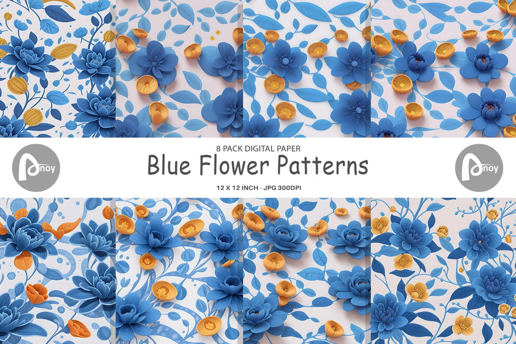 Digital Paper Blue Flower Patterns - So Fontsy