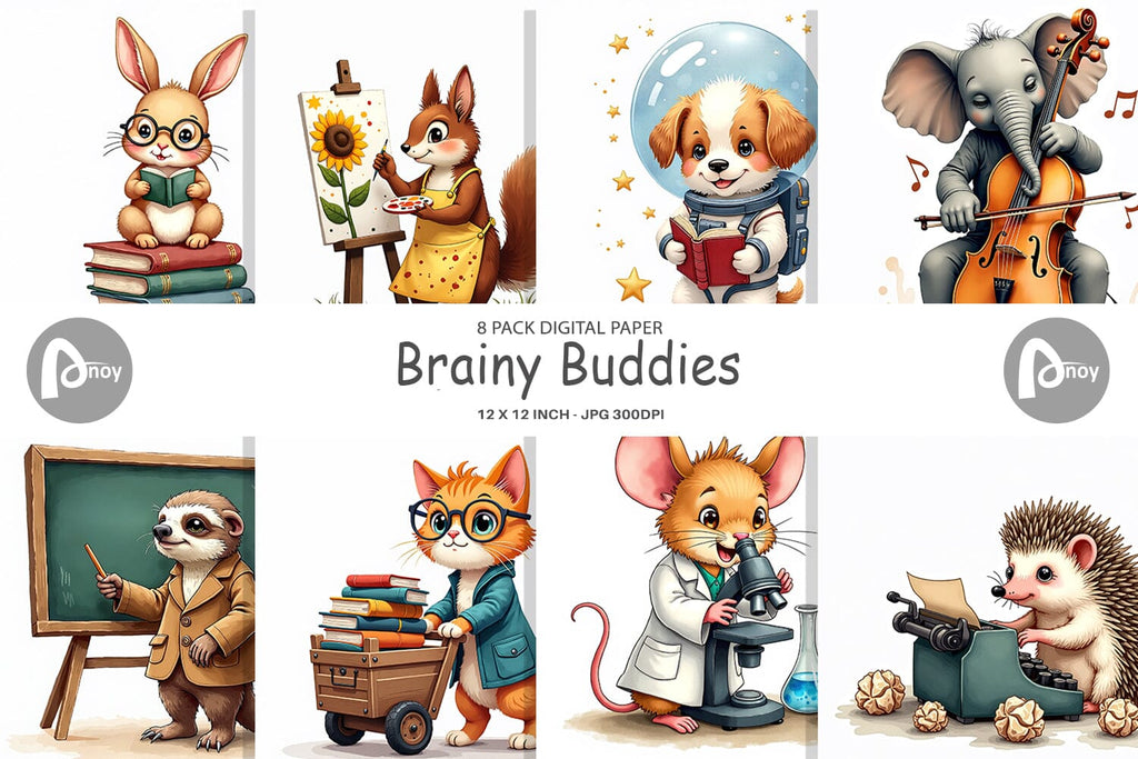 Digital Paper Brainy Buddies Scholarly Animals Watercolor - So Fontsy