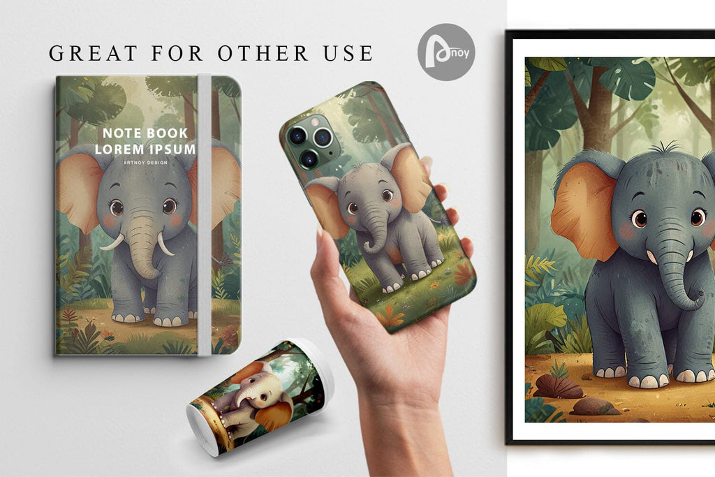 Digital Paper Cartoon Elephant in Forest - So Fontsy