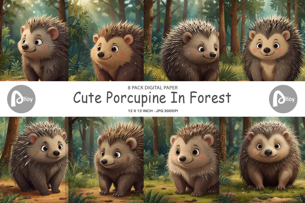 Digital Paper Cartoon Porcupine in Forest - So Fontsy