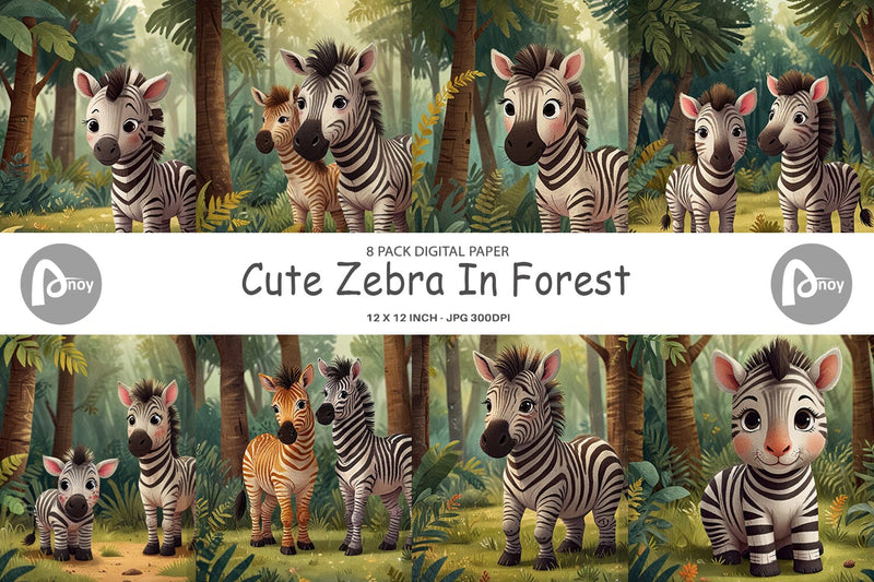 Digital Paper Cartoon Zebra in Forest - So Fontsy