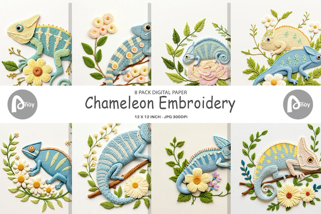 Digital Paper Chameleon Embroidery - So Fontsy