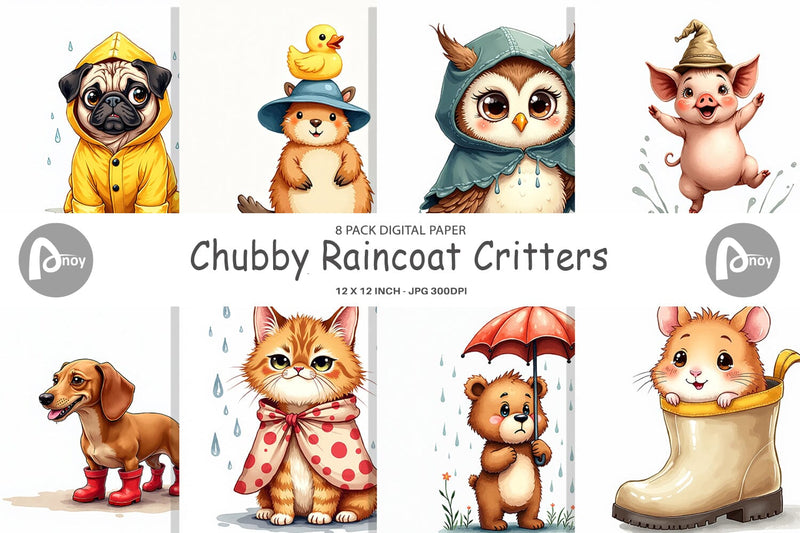 Digital Paper Chubby Raincoat Critters Watercolor - So Fontsy