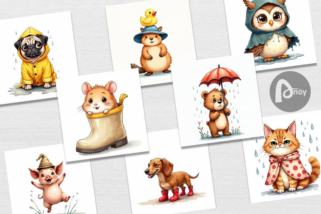 Digital Paper Chubby Raincoat Critters Watercolor - So Fontsy