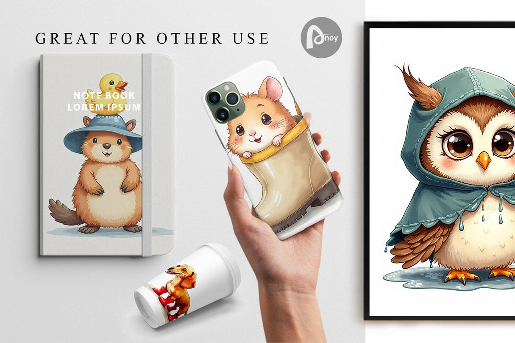 Digital Paper Chubby Raincoat Critters Watercolor - So Fontsy