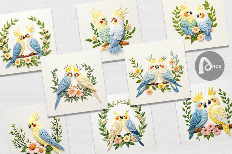 Digital Paper Cockatiel Embroidery - So Fontsy
