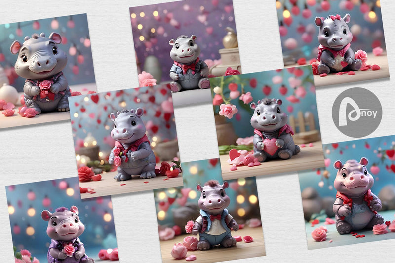 Digital Paper Hippopotamus Valentine - So Fontsy