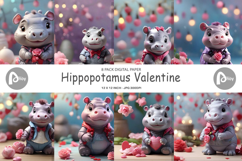 Digital Paper Hippopotamus Valentine - So Fontsy