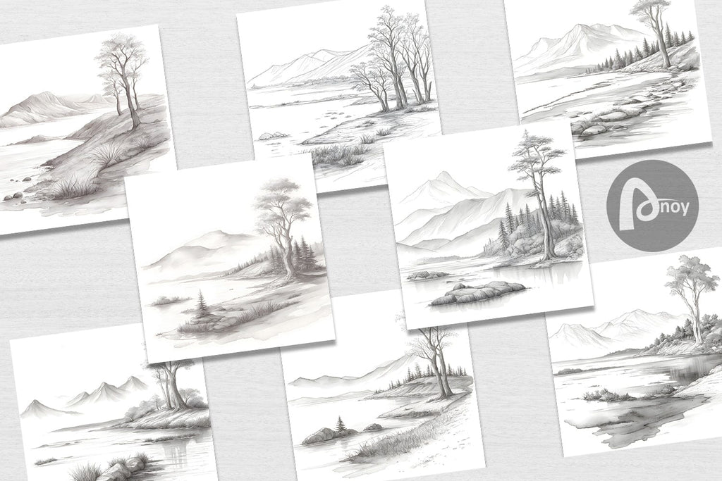 Digital Paper Line Art Landscape - So Fontsy