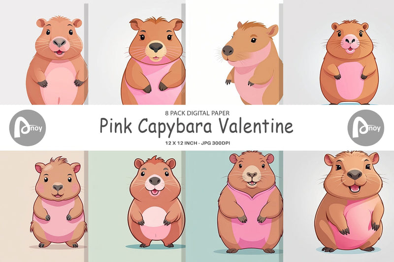 Digital Paper Pink Capybara Valentine - So Fontsy