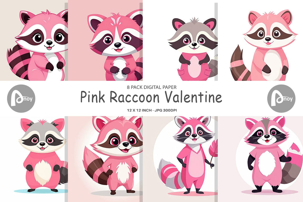 Digital Paper Pink Raccoon Valentine - So Fontsy