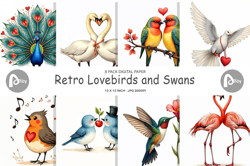 Digital Paper Retro Lovebirds & Swans Valentine Watercolor - So Fontsy