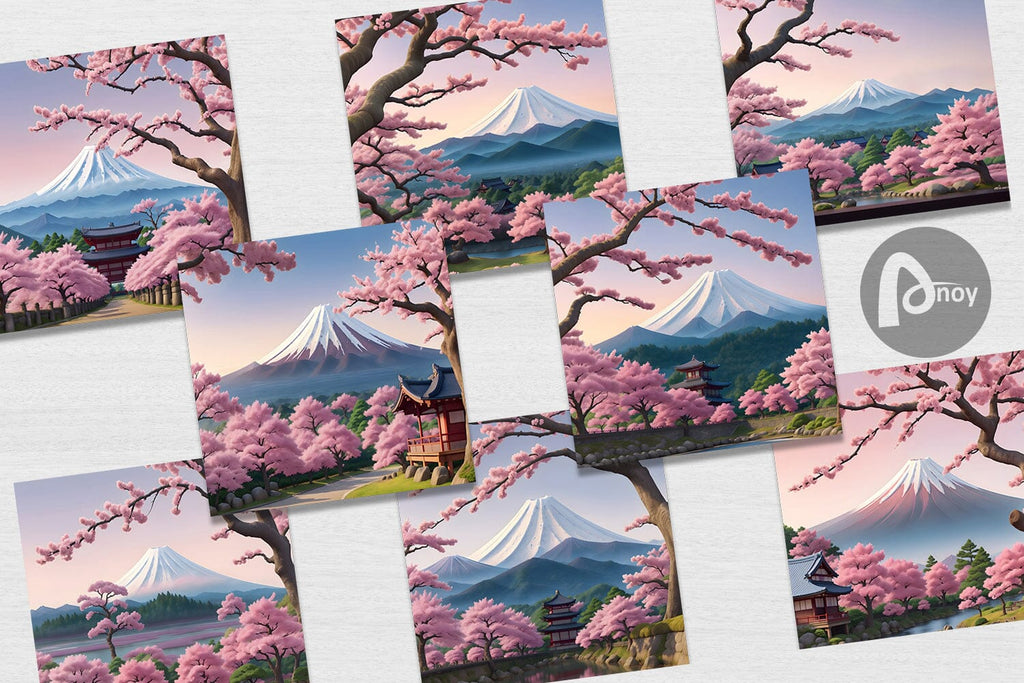Digital Paper Sakura Trees Mount Fuji - So Fontsy