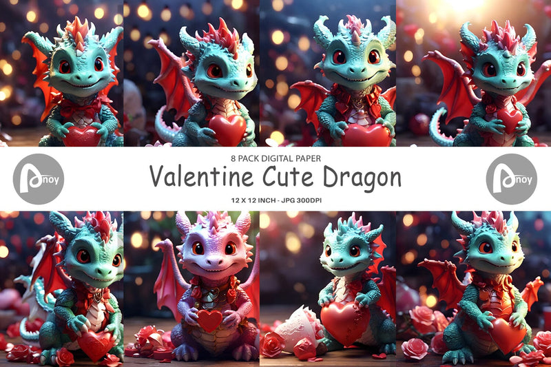 Digital Paper Valentine Cute Dragon - So Fontsy