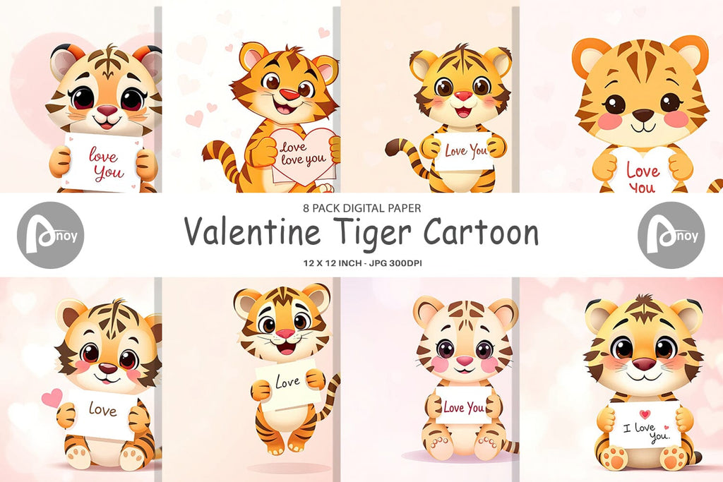 Digital paper Valentine Tiger Cartoon - So Fontsy