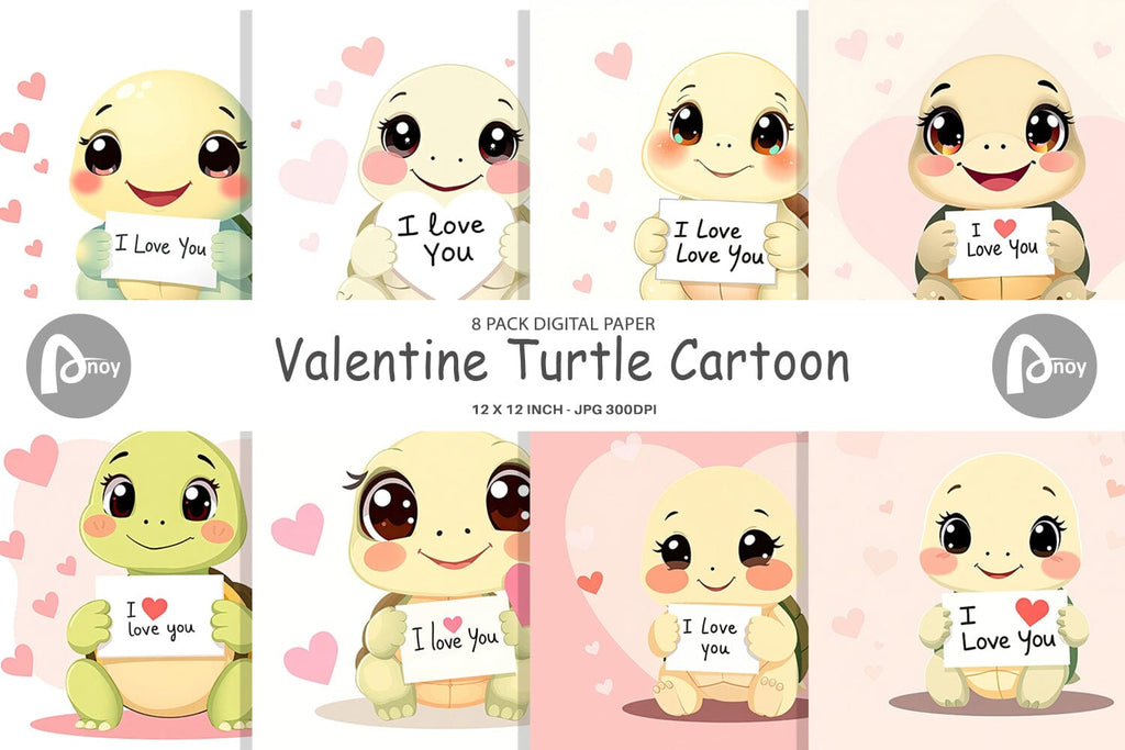 Digital paper Valentine Turtle Cartoon - So Fontsy
