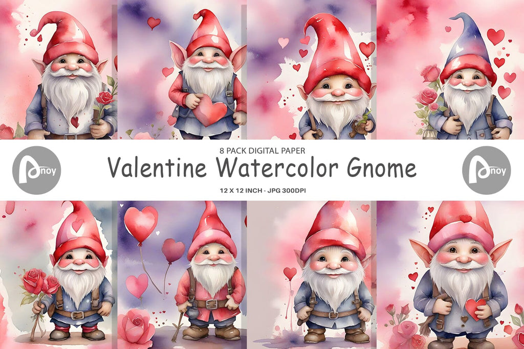 Digital Paper Valentine Watercolor Gnome - So Fontsy