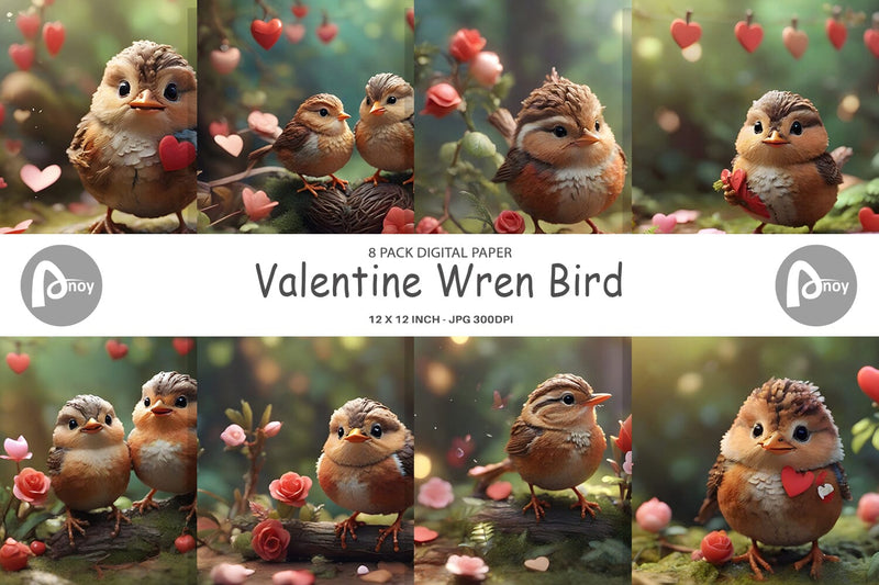 Digital Paper Valentine Wren Bird - So Fontsy