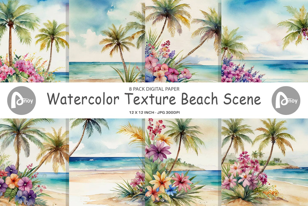 Digital Paper Watercolor Beach Scene - So Fontsy
