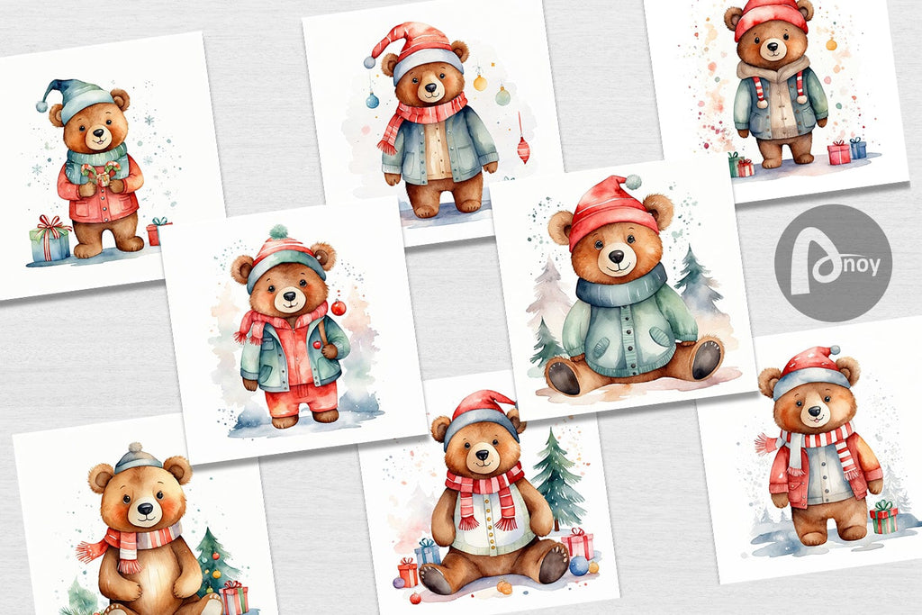 Digital Paper Watercolor Christmas Bear - So Fontsy