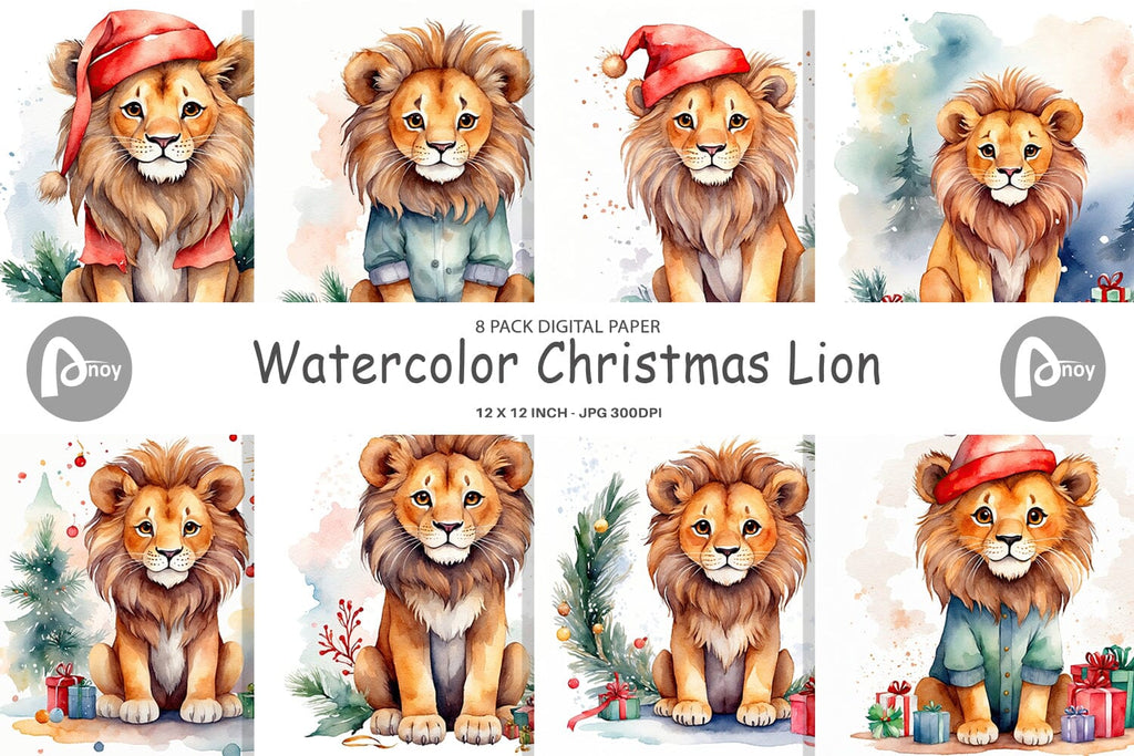 Digital Paper Watercolor Christmas Lion - So Fontsy