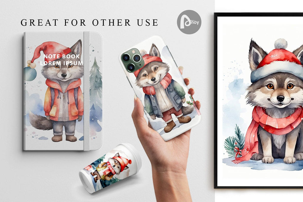 Digital Paper Watercolor Christmas Wolf - So Fontsy