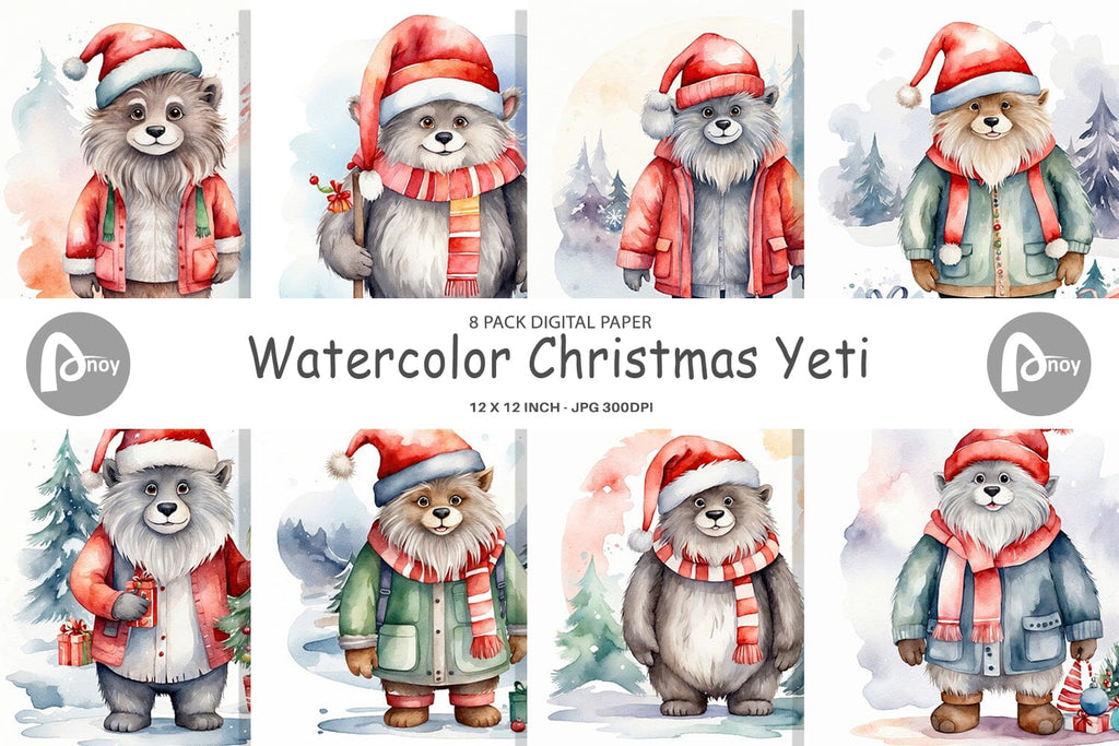 Digital Paper Watercolor Christmas Yeti - So Fontsy