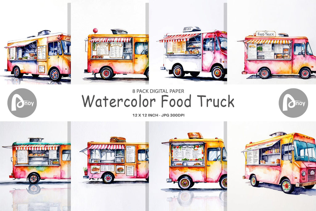 Digital Paper Watercolor Food Truck - So Fontsy