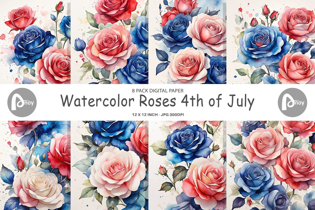 Digital Paper Watercolor Roses Patriotic - So Fontsy