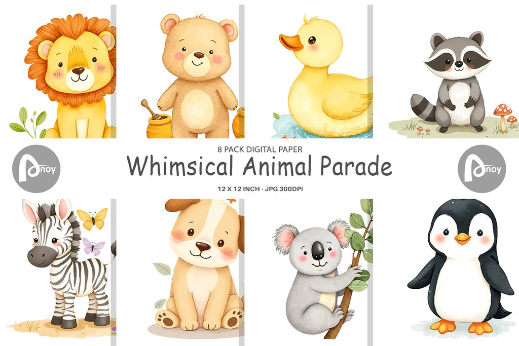 Digital Paper Whimsical Animal Parade - So Fontsy
