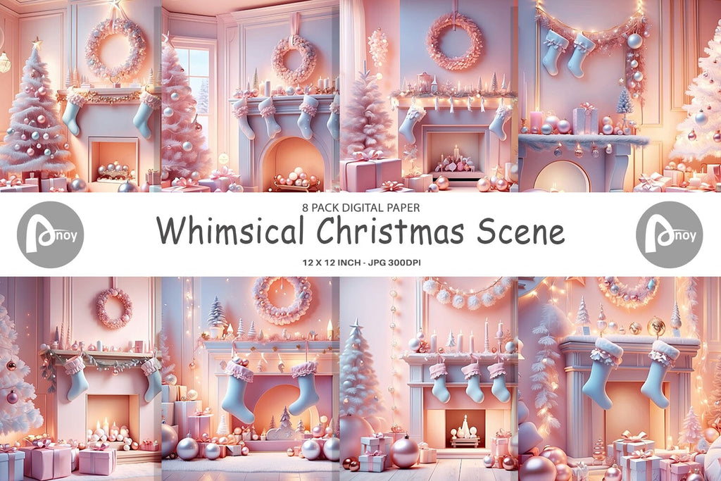 Digital Paper Whimsical Christmas Scene - So Fontsy