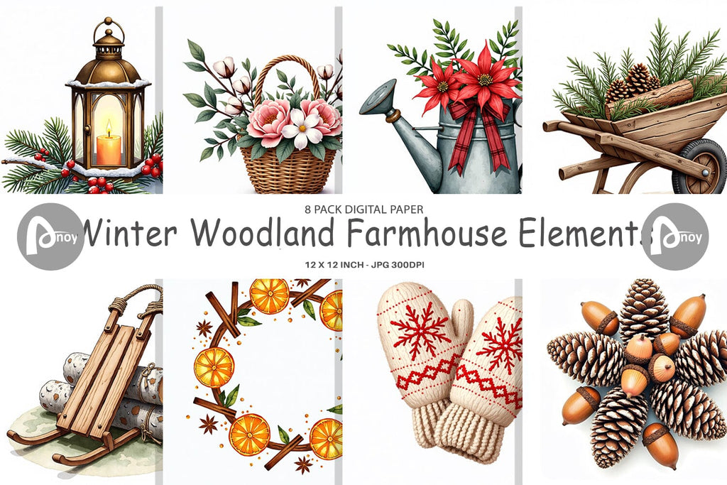 Digital Paper Winter Woodland Farmhouse Elements Watercolor - So Fontsy