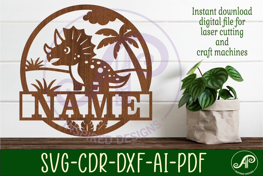 Dino Triceratops name sign svg laser cut template - So Fontsy