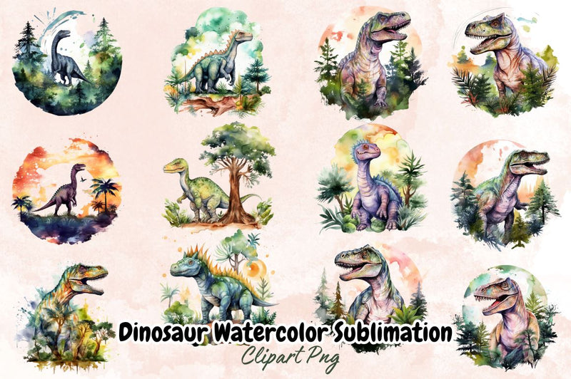 Dinosaur Watercolor Sublimation Clipart Bundle - So Fontsy