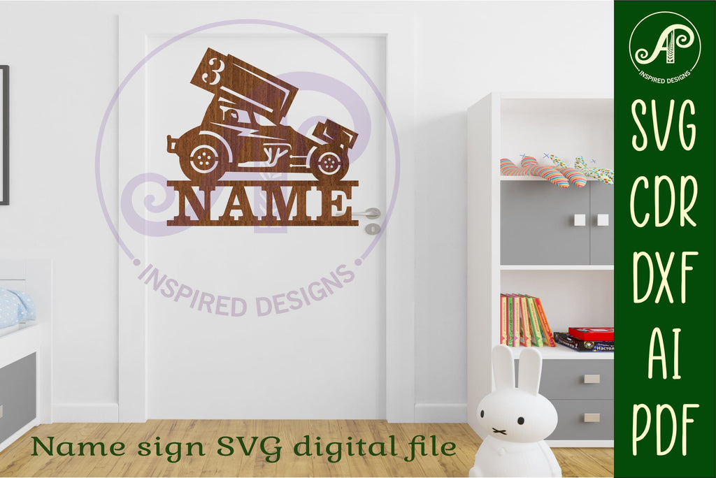 Dirt racer sprint car Name sign svg laser cut template - So Fontsy