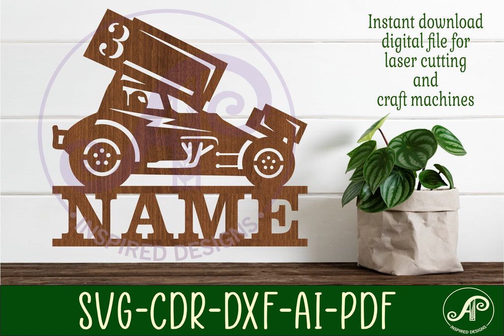 Dirt racer sprint car Name sign svg laser cut template - So Fontsy