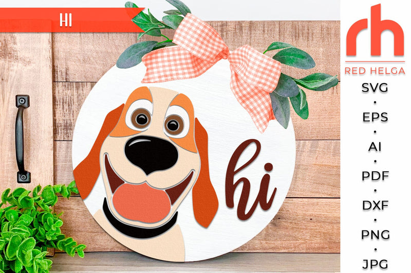 Dog Hi SVG, Pet Layered Door Sign Cut File, Round Hanger DXF - So Fontsy