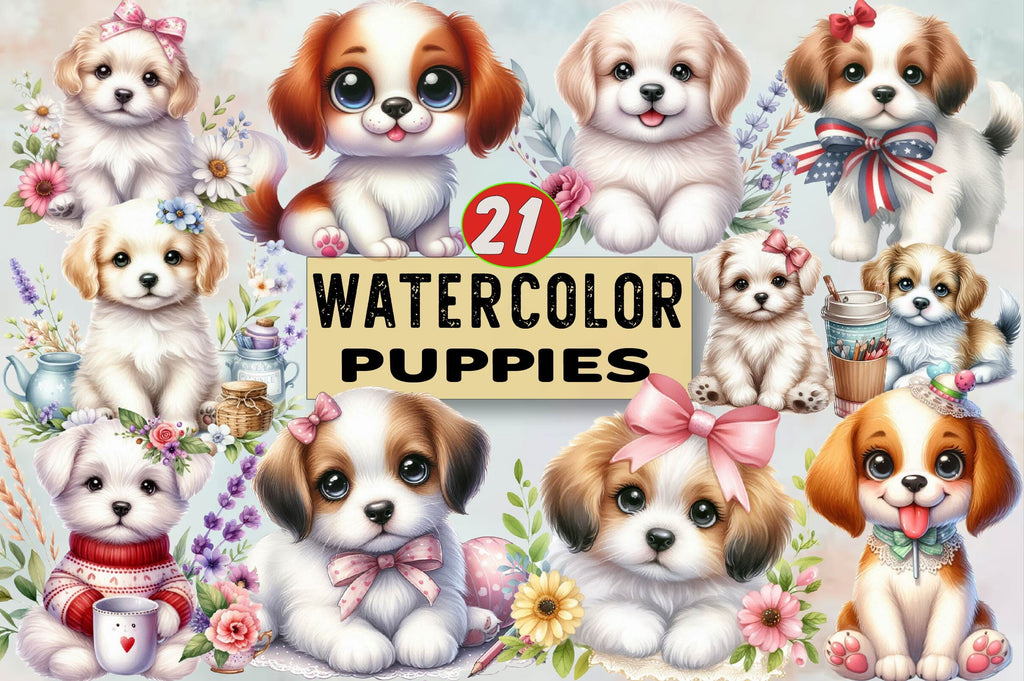 Dog Watercolor сlipart. Cute Puppies Sublimation Clipart Bundle - So Fontsy