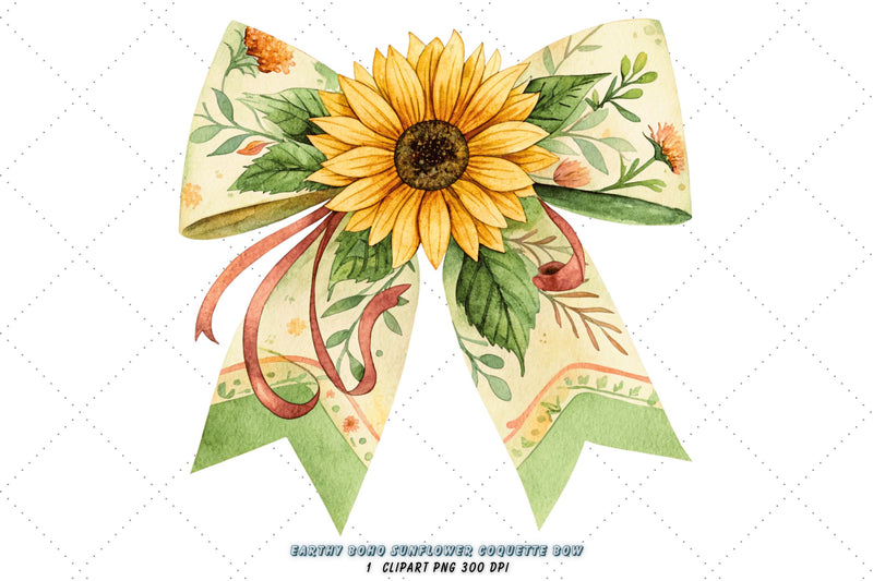 Earthy Boho Sunflower Coquette Bow Clipart, earthy boho bow, sunflower ...