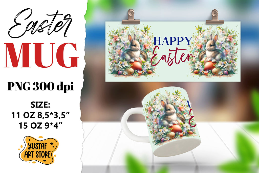 Easter bunny sublimation mug wrap. Happy Easter - So Fontsy
