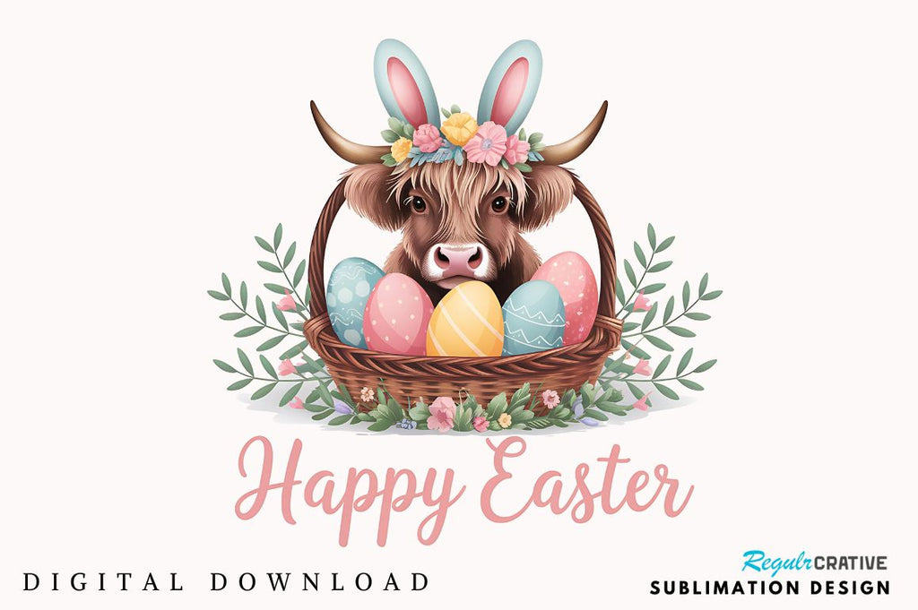Easter Day Highland Cow PNG, Cute Cow Sublimation Design - So Fontsy