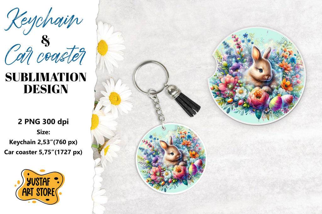 Easter Keychain & Car coaster sublimation. Cute Easter bunny - So Fontsy