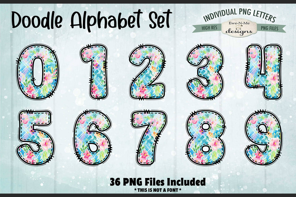 Easter Plaid Floral Doodle Alphabet & Numbers | 36 PNG Files - So Fontsy