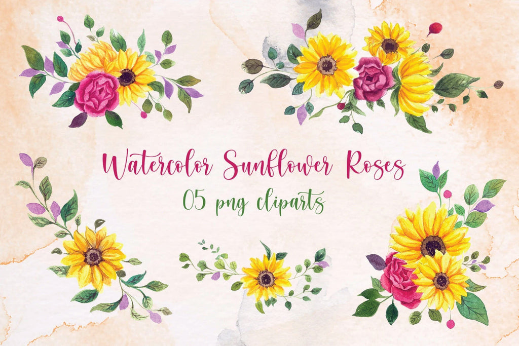 Elegant Hand-Painted Sunflower and Rose Clip Art Bundle - So Fontsy